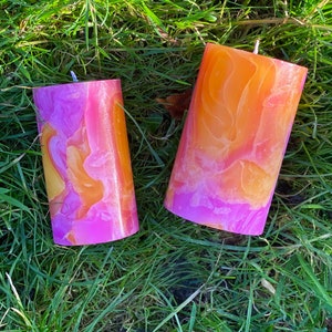 Colourful Pillar Candles, Orange, Magenta Colour, Swirl Pillar Candles ...