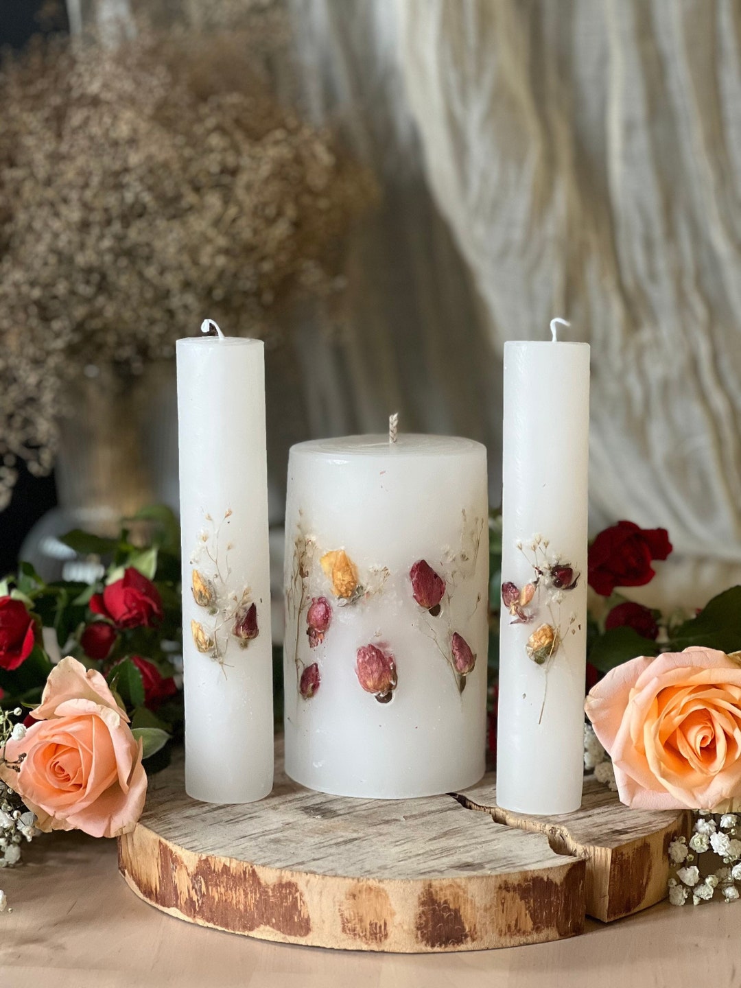 Rose Pillar Candles, Rustic Home Decor, Rose Centrepiece, Botanical ...