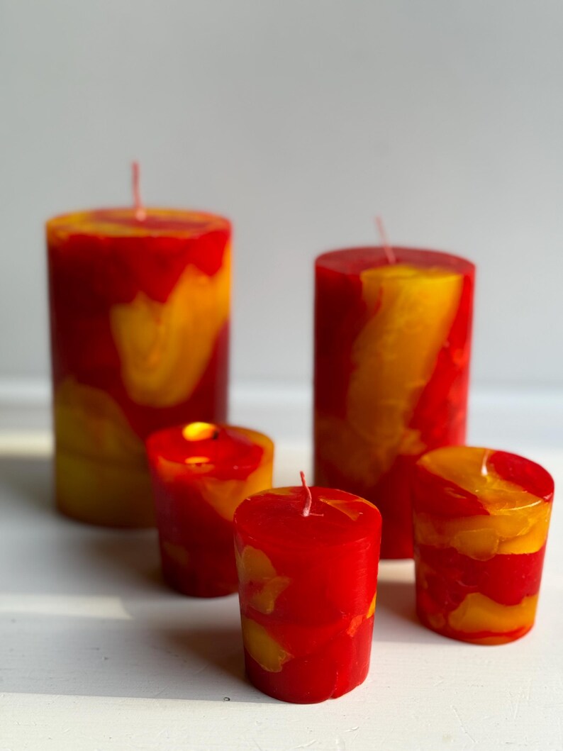 Marbled Red Yellow Pillar Candle – Long Burning Home Decor Gift - Etsy