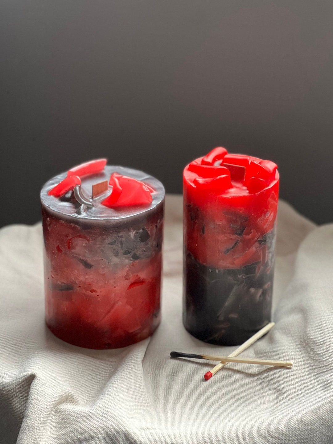 Fiery Set of 2 Chunky Pillar Candles Fancy Candles Wooden Wick ...