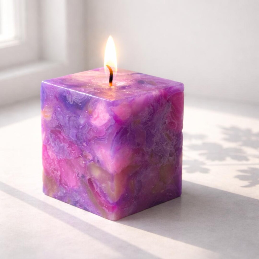Handmade Marble Cube Candle, Purple Swirls, Unscented, 80 Hour Burn ...