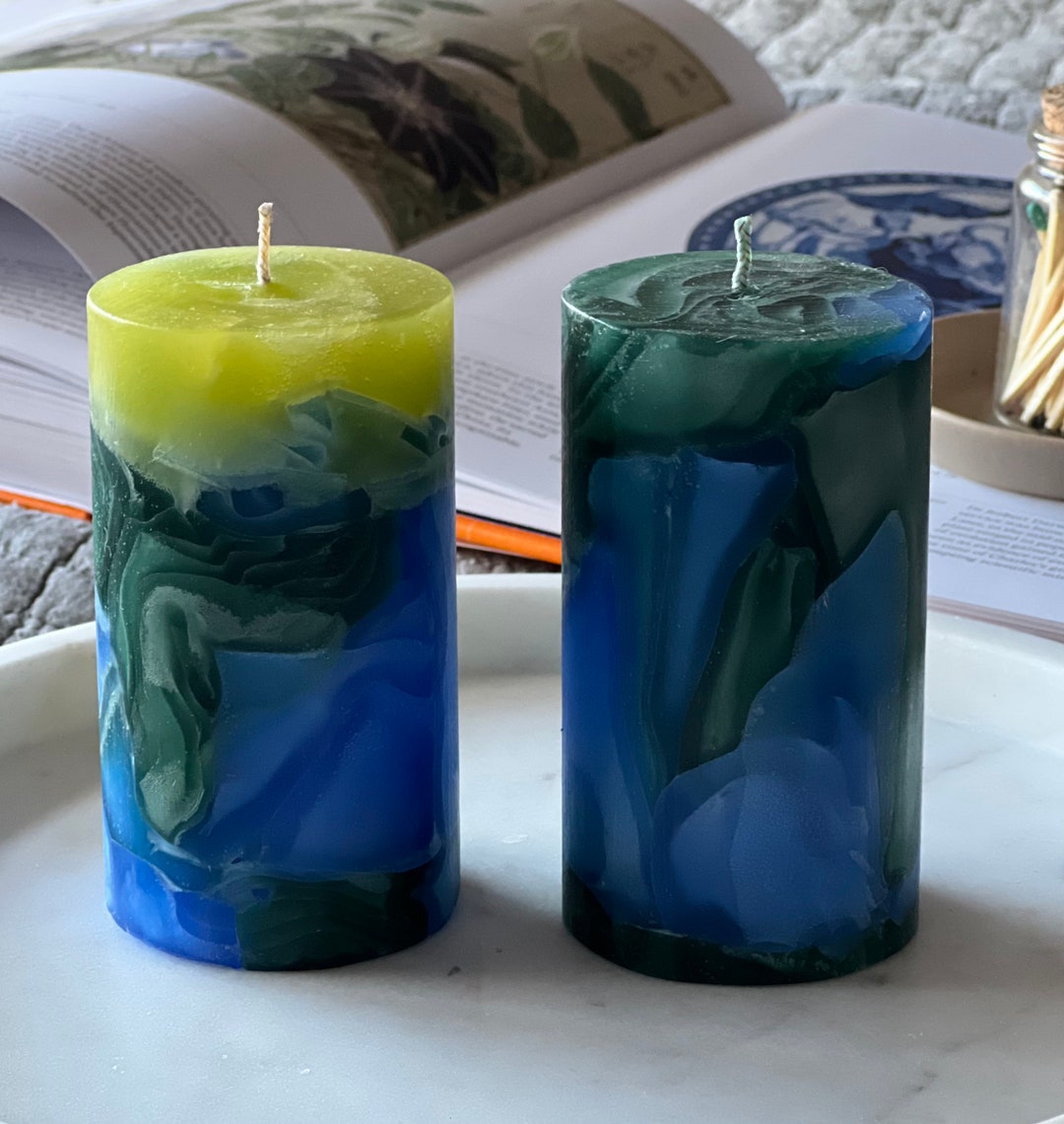 Swirl Green Blue Pillar Candles Table Decor Vivid Candles - Etsy