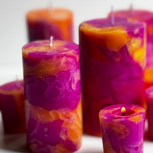 Colourful Pillar Candles, Orange, Magenta Colour, Swirl Pillar Candles ...