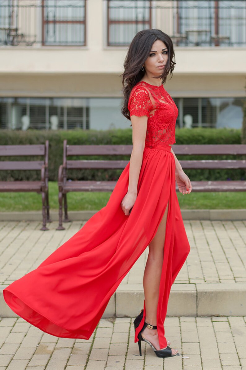 Red Lace Top And Maxi Skirt 2 Piece Set For Women Sexy Etsy