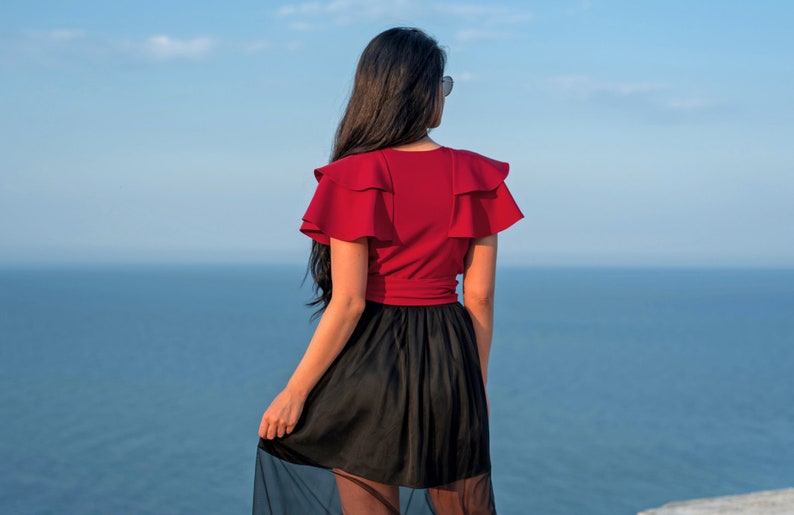 Wrap Crop Top With Belt / Ruffle Sleeve Top / Crop Top / Red | Etsy