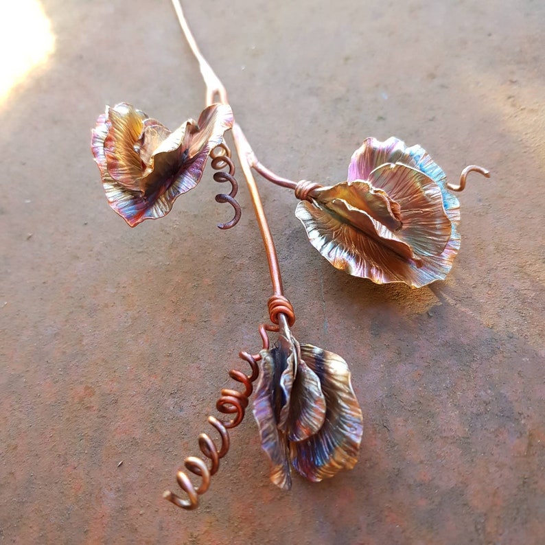 Rainbow Copper Sweet Pea Flower Heat Patina Colored Handmade - Etsy UK