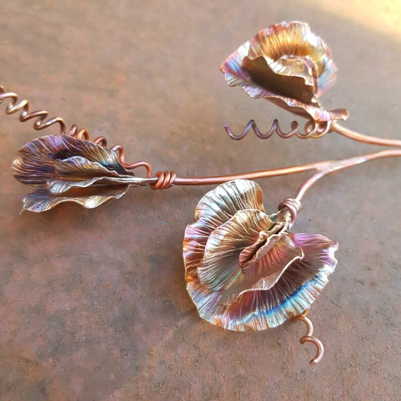 Rainbow Copper Sweet Pea Flower Heat Patina Colored Handmade - Etsy UK