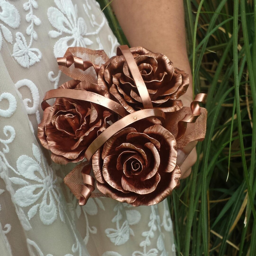 Rustic Wedding Bouquet, 3 Copper Roses, Boho Bride, Rose Posy, Wedding ...