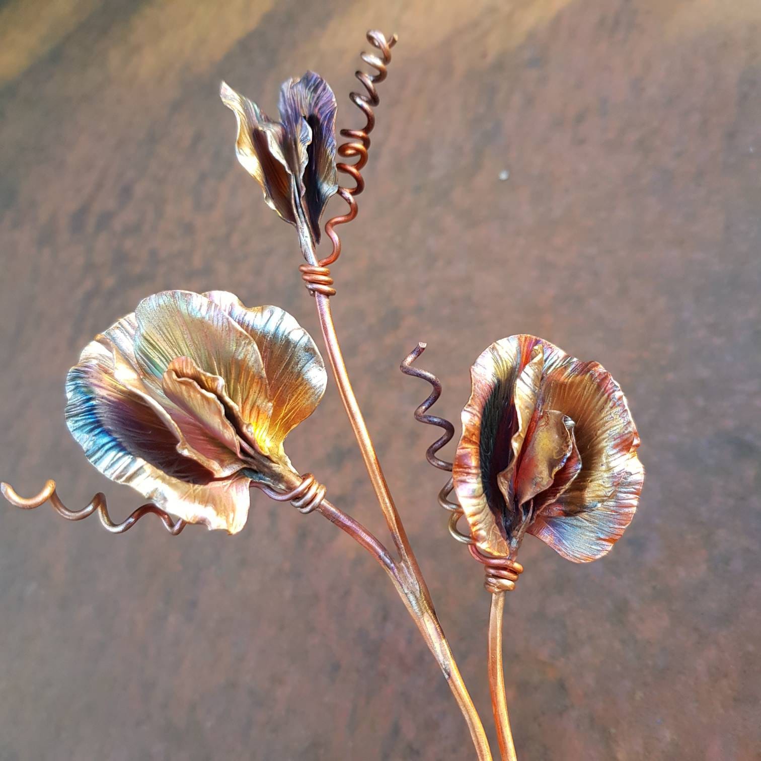 Rainbow Copper Sweet Pea Flower Heat Patina Colored Handmade - Etsy UK