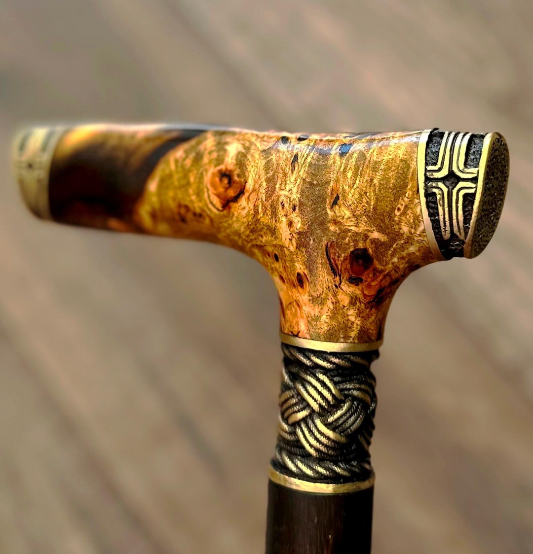 Cane Walking Cane Walking Stick Burl Wooden Handle Craft and Bronze ...