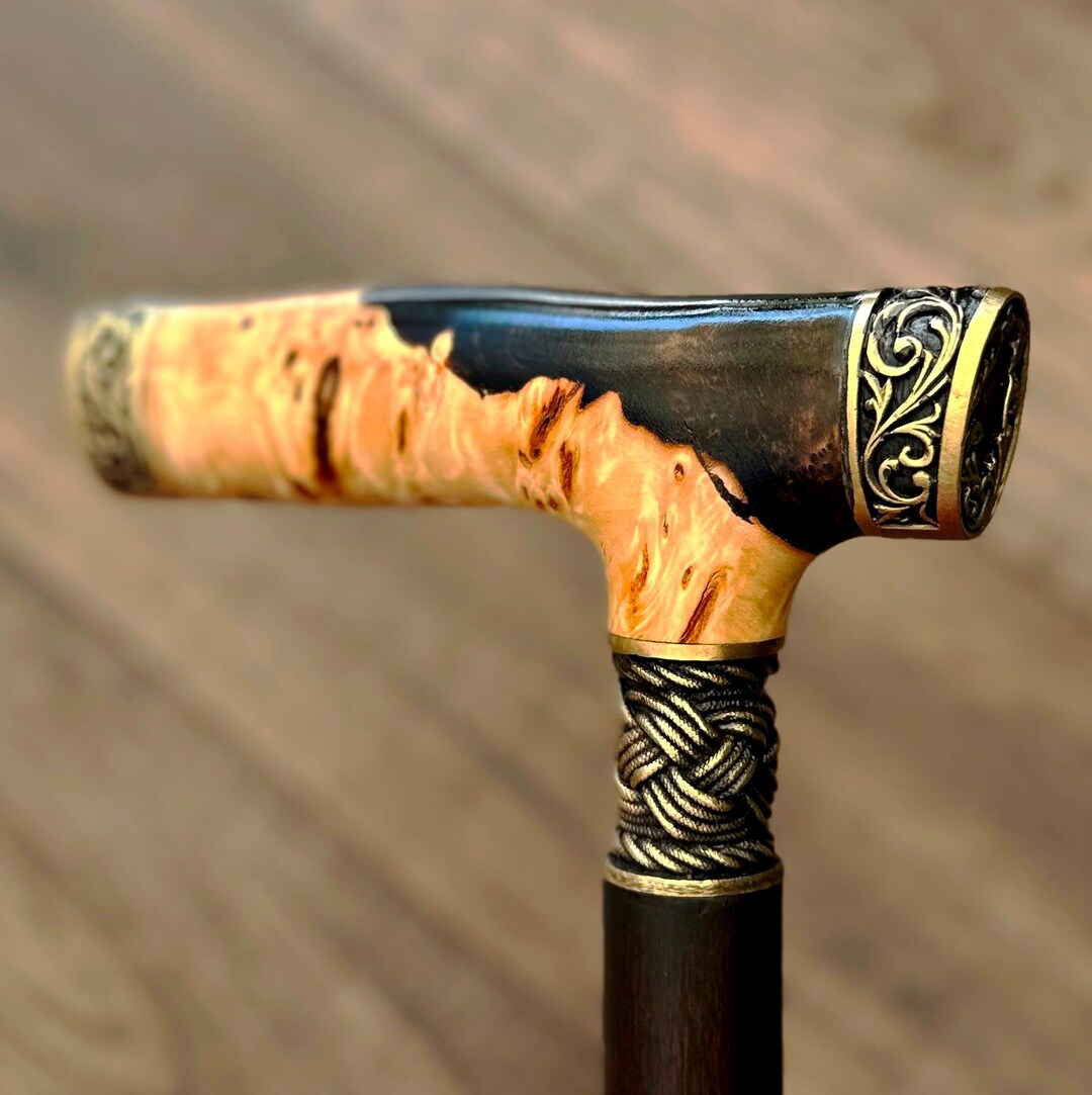 Cane Walking Cane Walking Stick Burl Wooden Handle Craft and Bronze ...