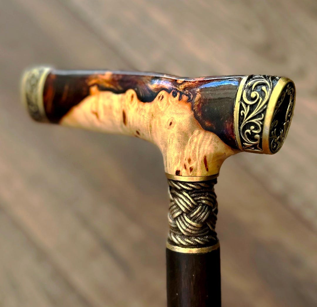 Cane Walking Cane Walking Stick Burl Wooden Handle Craft and Bronze ...