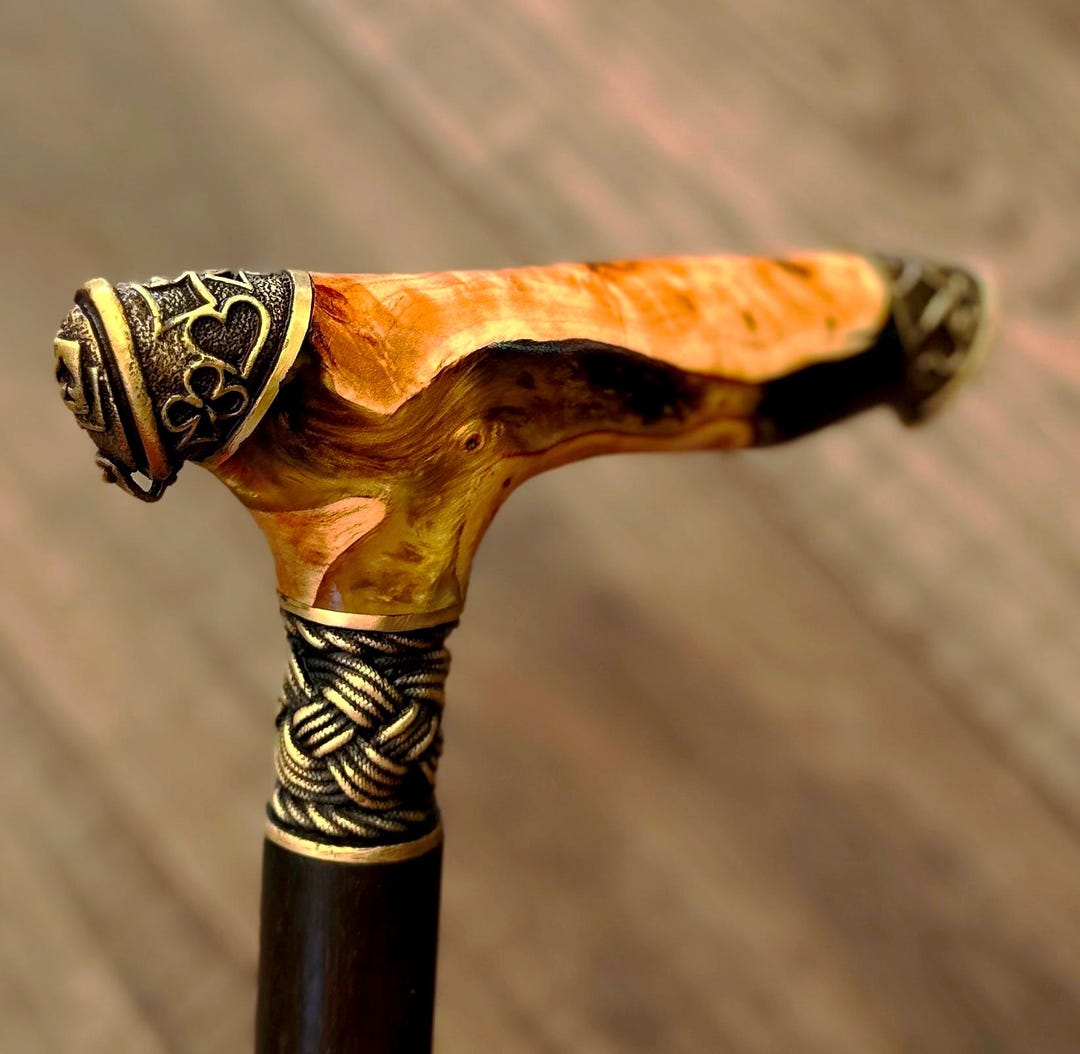 Cane Walking Cane Walking Stick Burl Wooden Handle Craft and Bronze ...