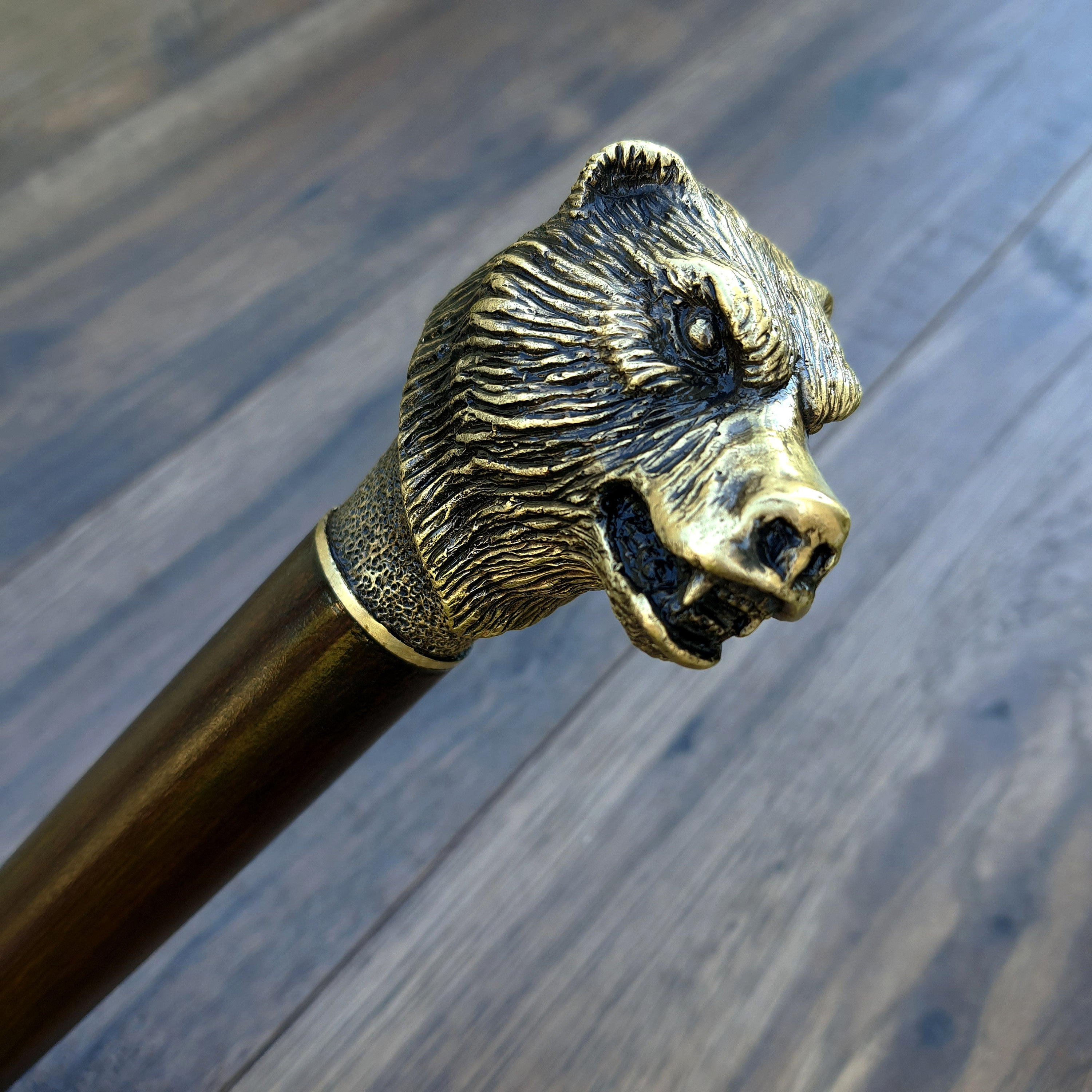 Walking Cane Walking Stick Bronze Grizzly Bear Head Wooden Etsy