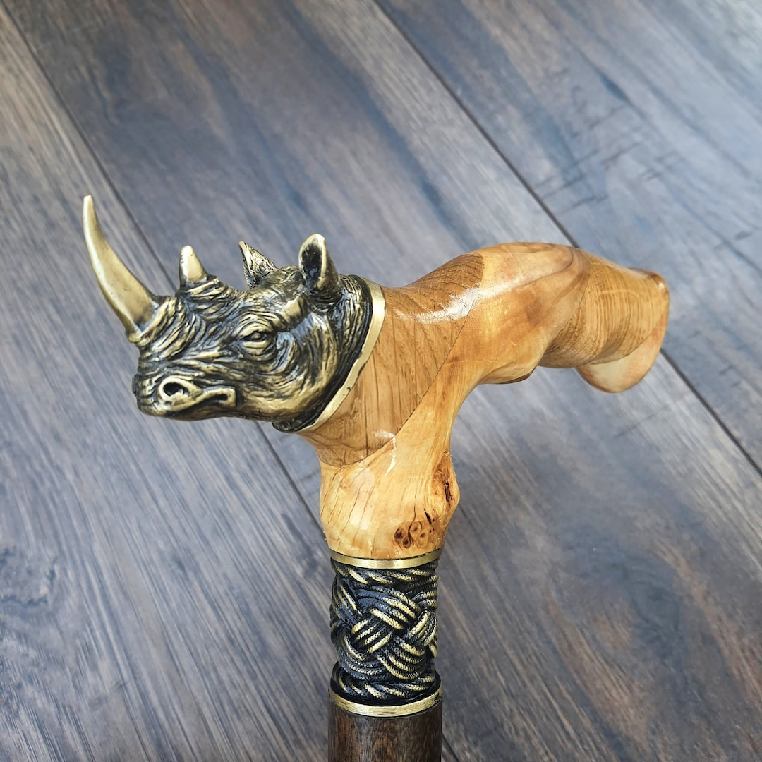 Rhino Walking Cane Walking Stick Wood Wooden Handmade Exclusive and ...