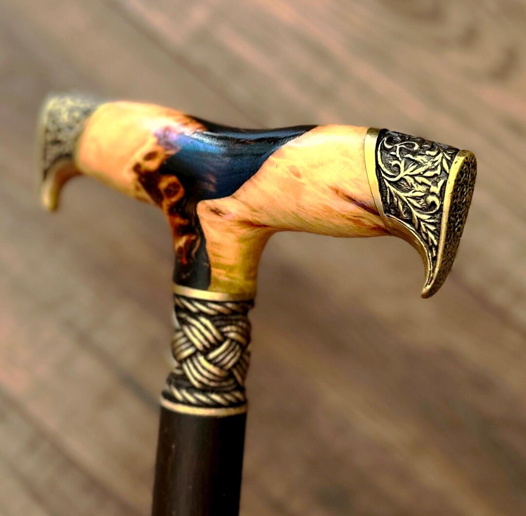 Cane Walking Cane Walking Stick Burl Wooden Handle Craft and Bronze ...