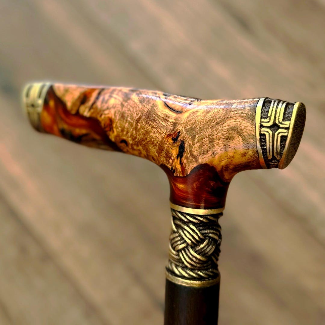 Cane Walking Cane Walking Stick Burl Wooden Handle Craft and Bronze ...