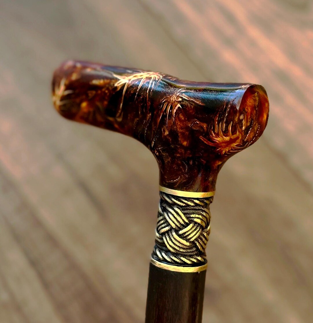 Cane Walking Cane Walking Stick Burl Wooden Handle Craft and Bronze ...