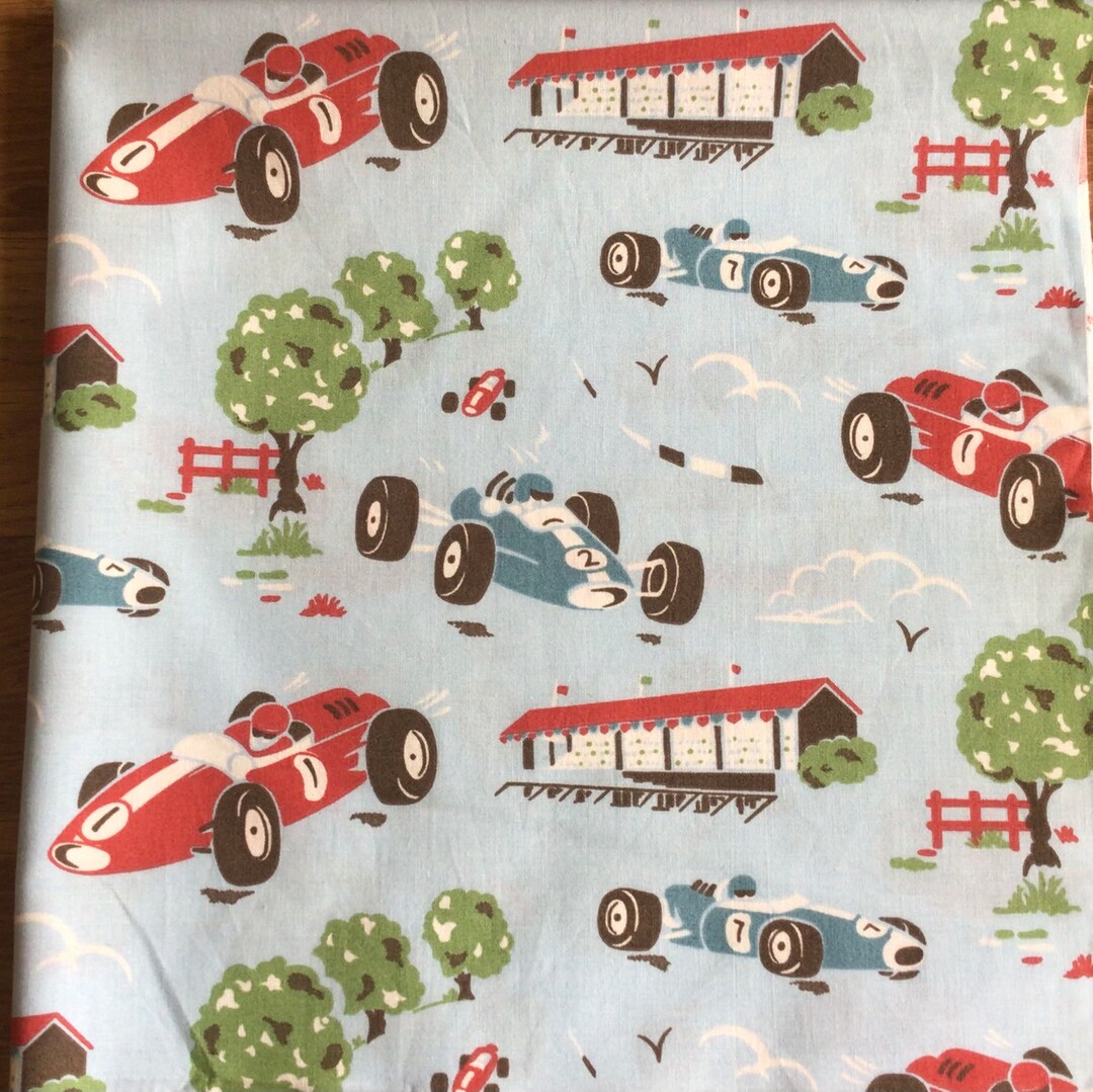 FABRIC Cath Kidston Vintage Race Cars Blue 50cm X 50cm 20” Square ...