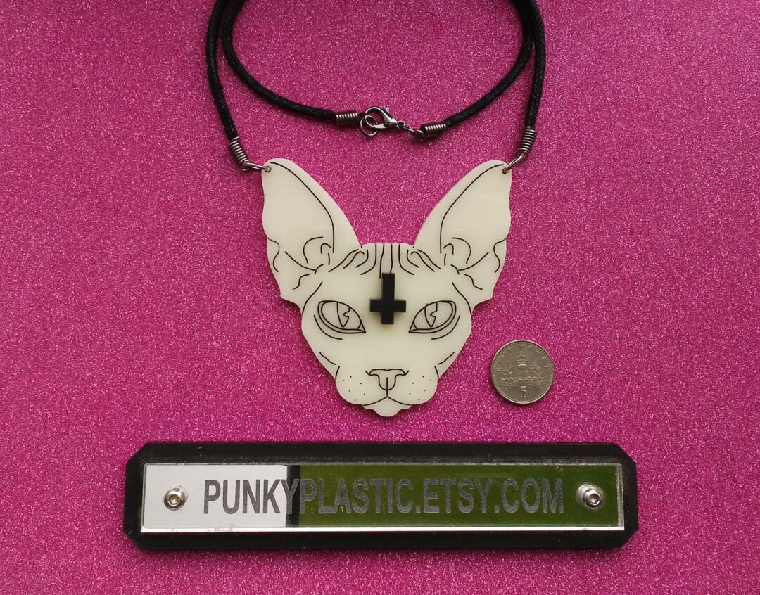 Inverted Cross on Engraved Sphynx Cat Acrylic Necklace - Etsy