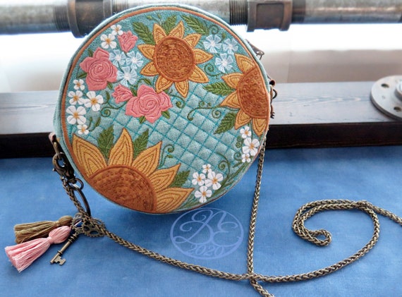 Circle Pouch Embroidery Design Hand Embroidered Red Rosebuds Round