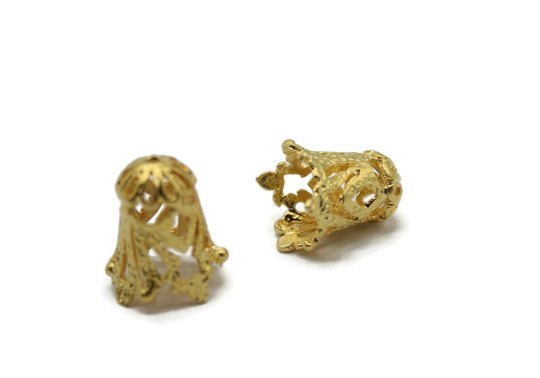22k Matte Gold Plated Filigree Conic Bead Caps, 16x21 Mm Cone Caps, End ...