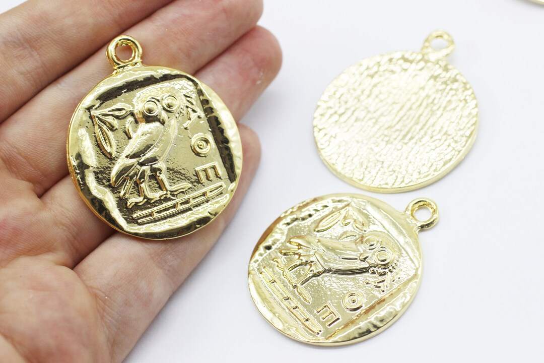 Owl of Athens Coin Pendant, Shiny Gold Athenian Owl, Gold Athenian ...