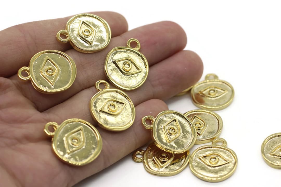 Eye in Coin Pendant, 24k Shiny Gold Crescent, Gold Charm, Gold Star ...