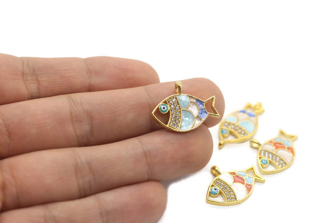 Gold Plated Micropave Blue Enameled Fish Charm | Multicolour Enameled ...
