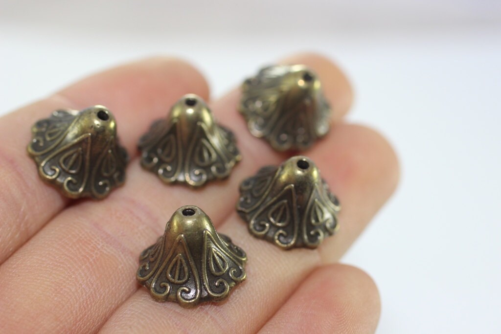 Antique Bronze Flower Bead Caps - 10mm Inner Tibetan Silver Cone Caps ...