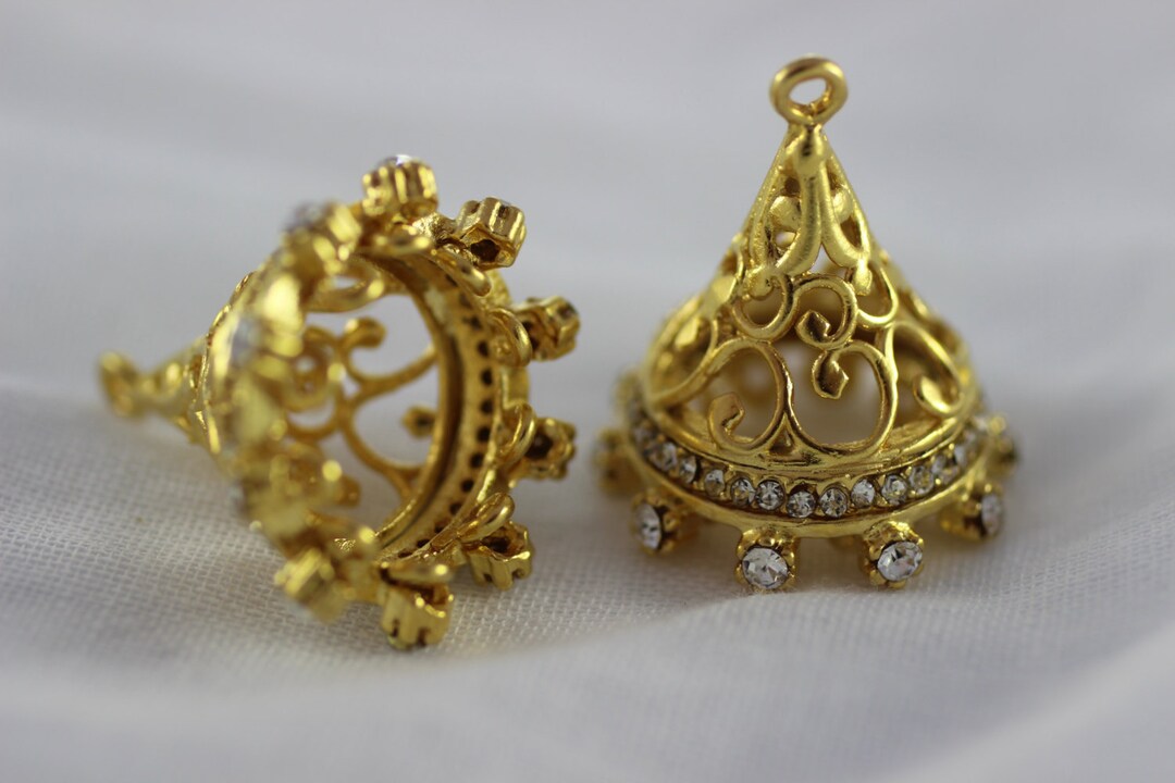 Gold Plated Conic Bead Caps With Crystal Stones - 14 Mm Inner Filigree ...