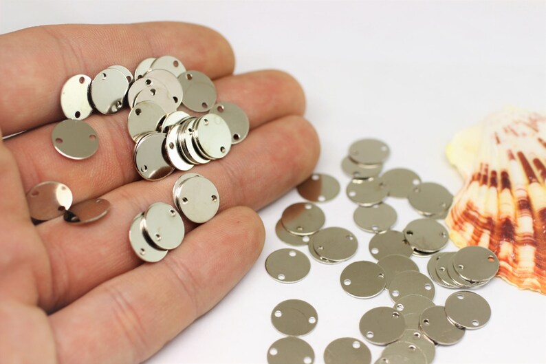 10 Mm Disc Silver Tone Tiny Round Charms, 10 Mm Two Holes Connectors ...