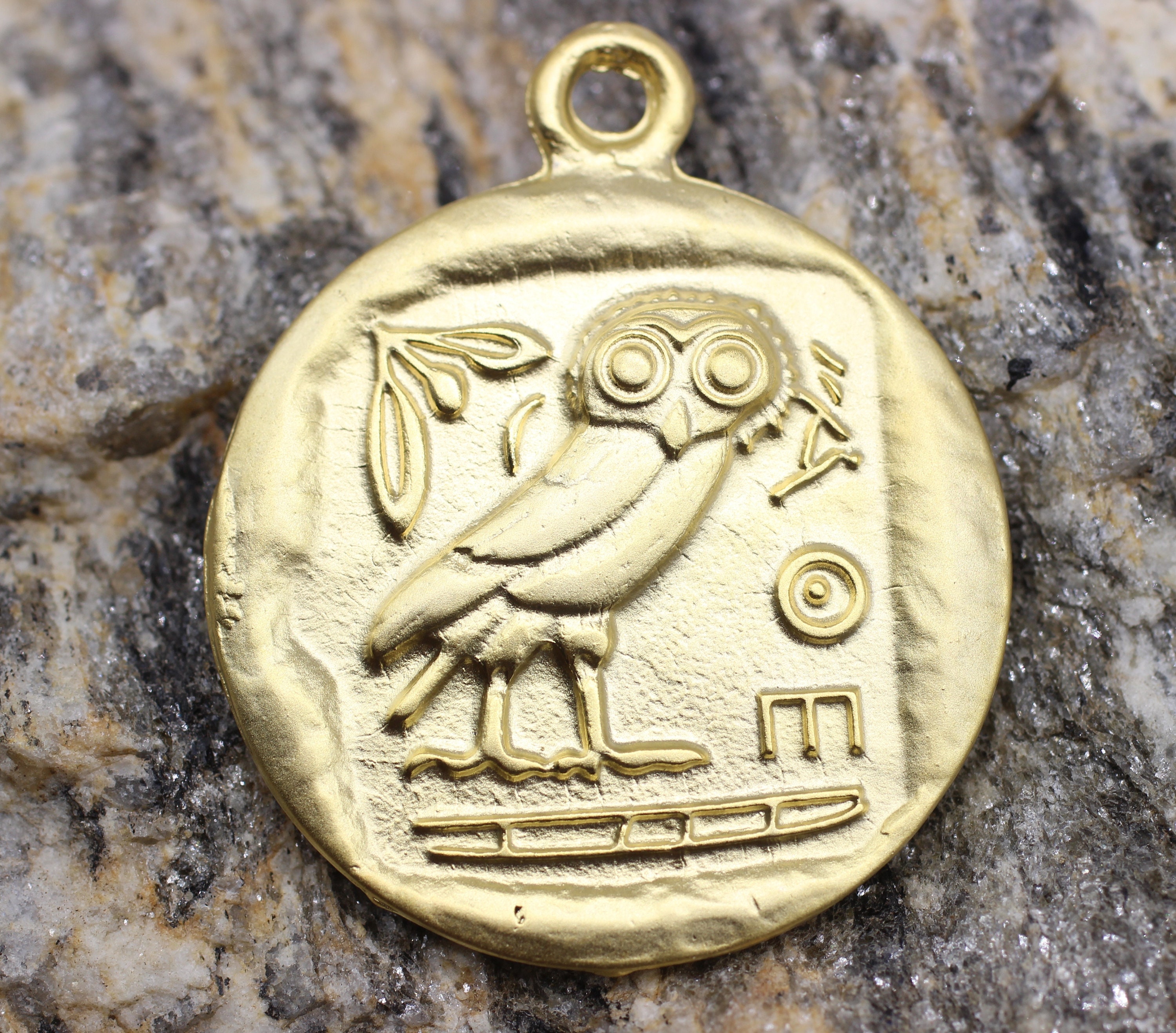 Owl of Athens Coin Pendant, Matt Gold Athenian Owl, Gold Greek Charm ...
