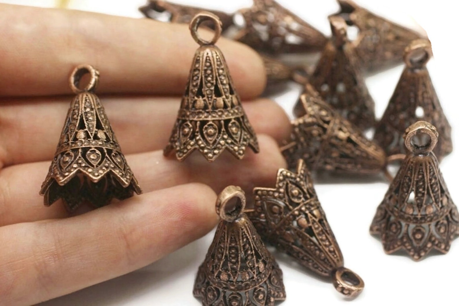 Antique Copper Tower Bead Caps, 14 Mm Inner Filigree Cone Large Cap ...
