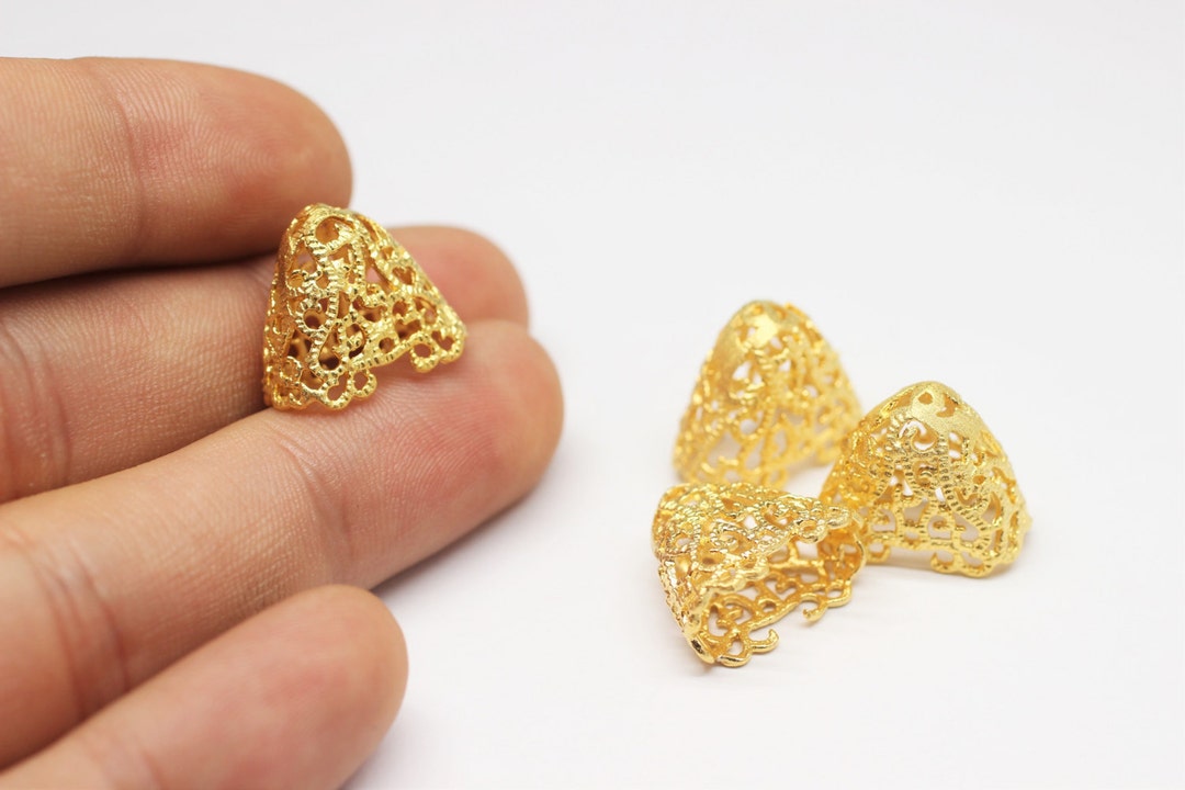 22k Matte Gold Plated Filigree Conic Bead Caps, 12x12 Mm Cone Caps, End ...