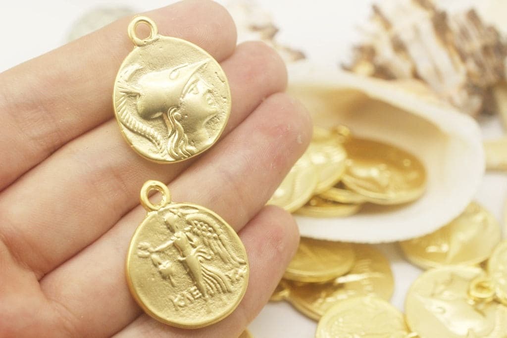 2 Pcs Matt Gold Plated Coins 24x30 Mm Gold Pendant Double - Etsy