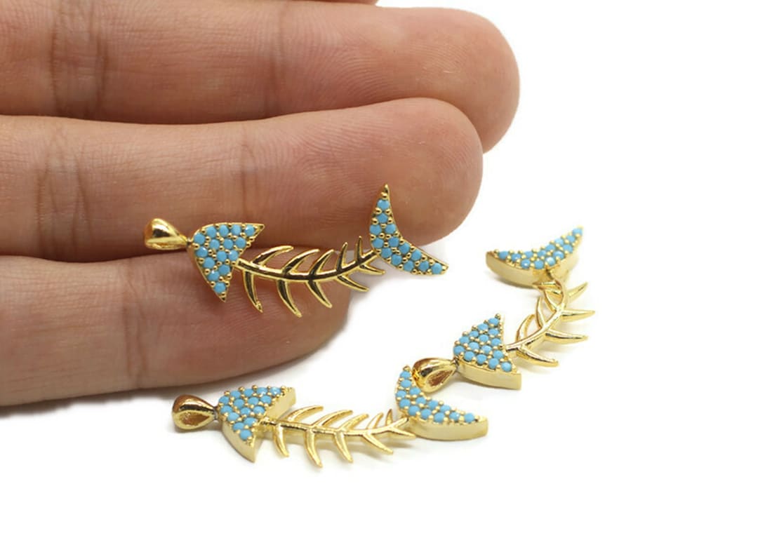 Shiny Gold Plated Micropave Fishbone | Fishbone Charm | CZ Fishbone ...