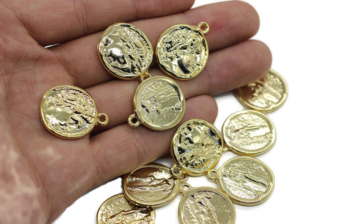 24 K Shiny Gold Caesar Coin Charms, Earring Charms, Greek Charms ...