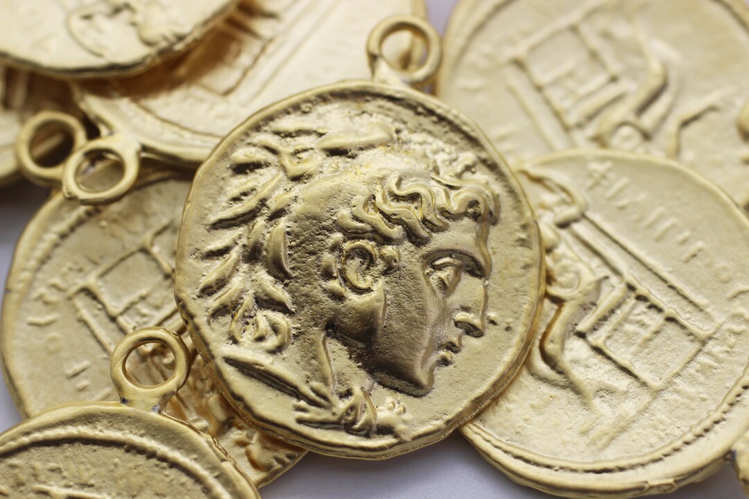 Matt Gold Coin Charm, 25x32mm Athens Pendant, Double Side Charms, Roman ...