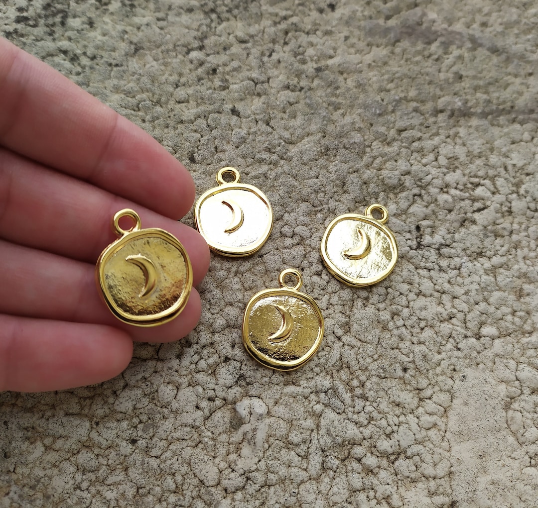 Moon in Coin Pendant, 24k Shiny Gold Moon, Gold Charm, Gold Moon ...