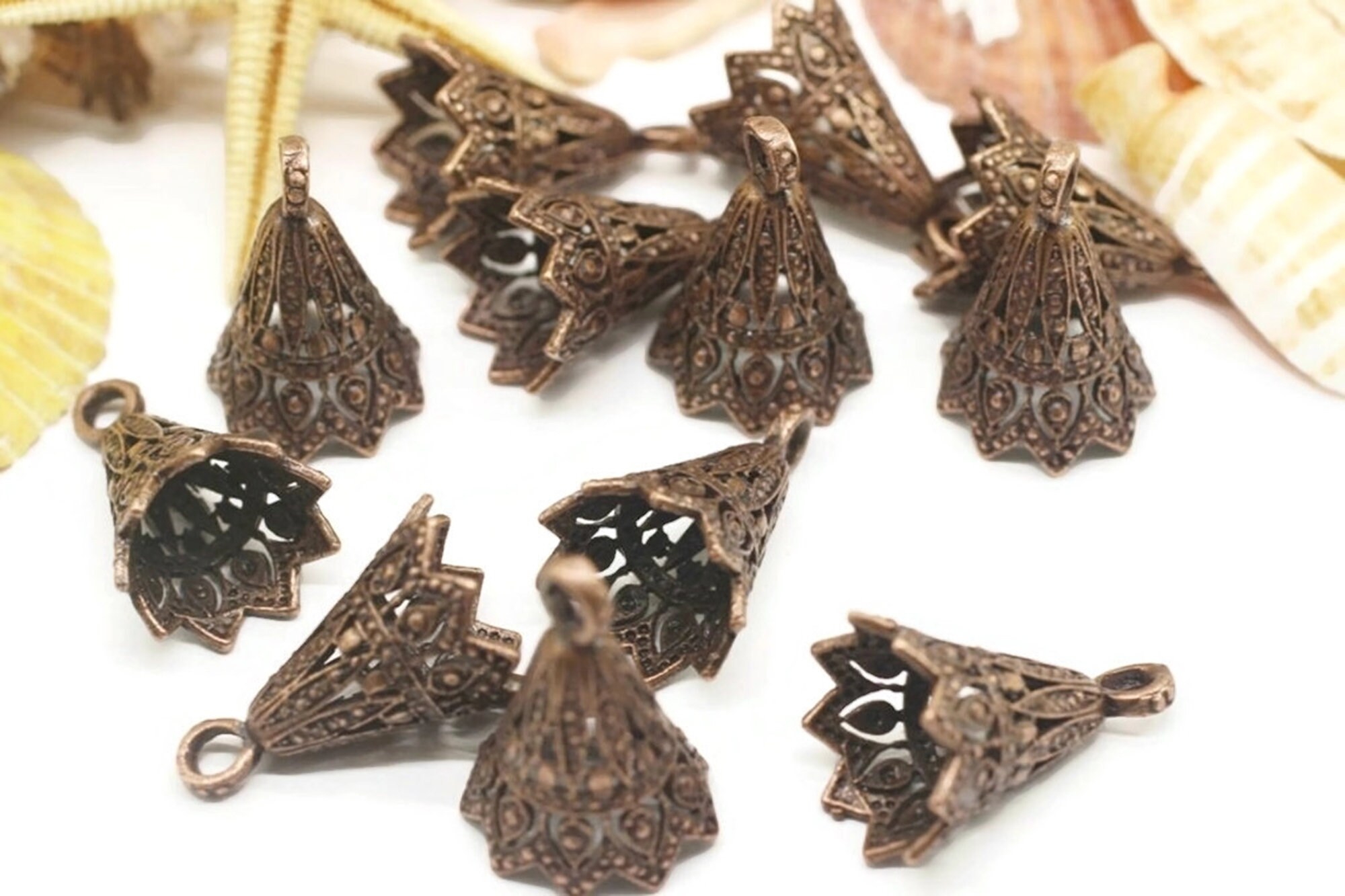 Antique Copper Tower Bead Caps, 14 Mm Inner Filigree Cone Large Cap ...