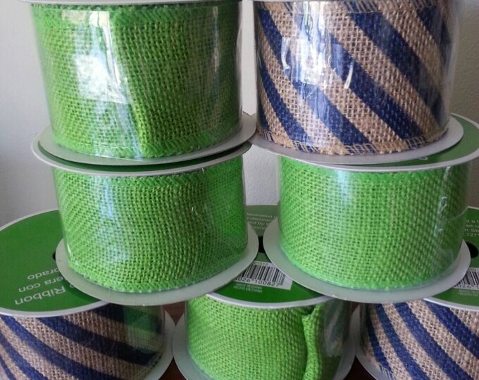 Wired Burlap Ribbon. Green & Navy Blue Striped. 100 % Jute. 2 - Etsy