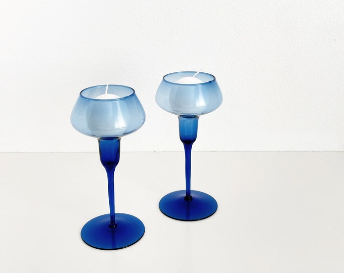 Vintage Crown Corning Tall Cobalt Blue Blown Glass Taper Candlesticks ...