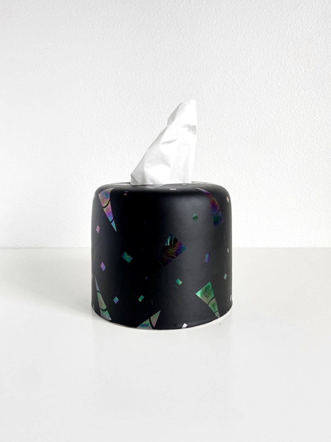 Vintage Round Ceramic Matte Black Tissue Box Cover With Iridescent ...