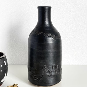 Vintage Black Glazed Ceramic Vase W Carved Squiggle Lines, Textured ...