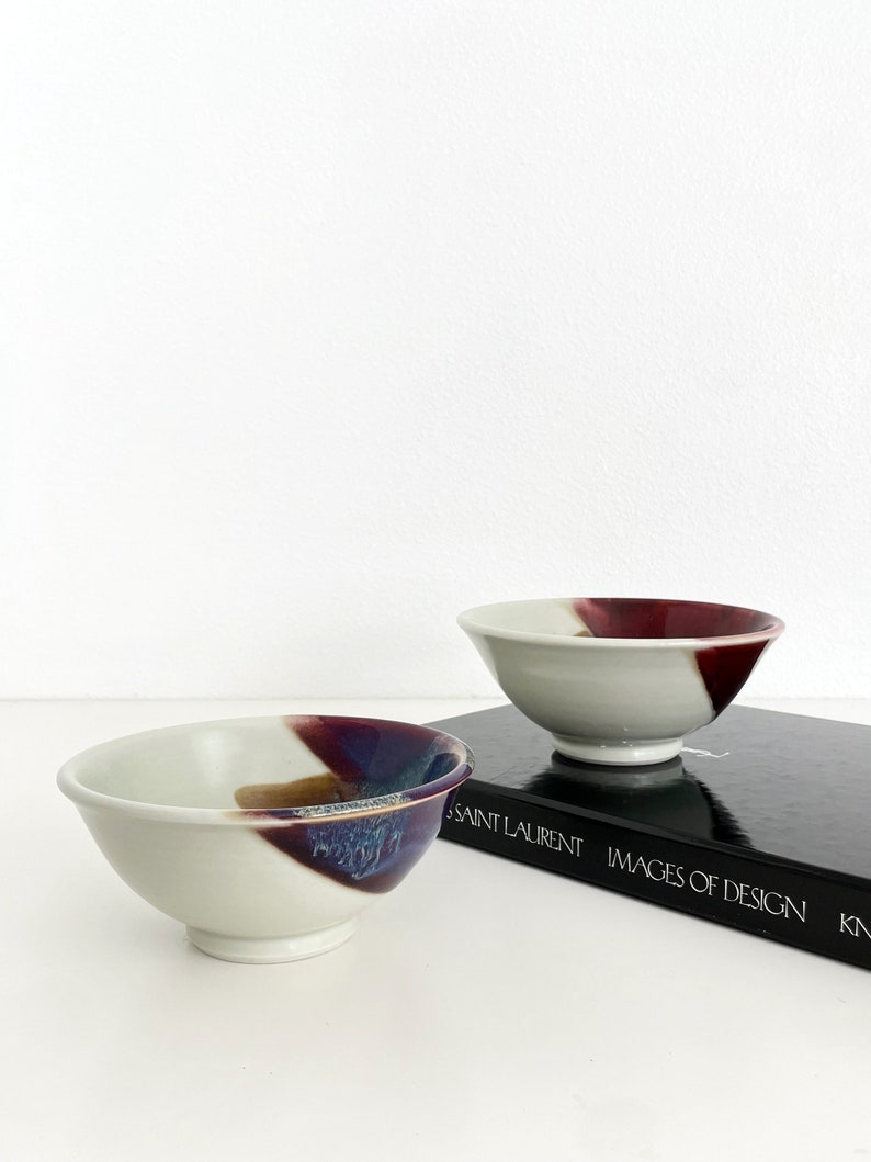 Vintage Set of 2 Dan Wheeler Mossy Creek Pottery Partial Drip Glaze Bowls, Red, Purple, Blue ...