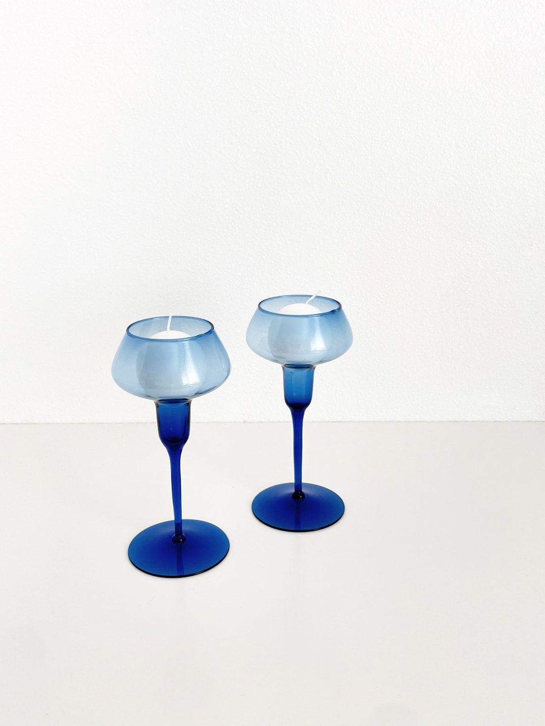 Vintage Crown Corning Tall Cobalt Blue Blown Glass Taper Candlesticks ...