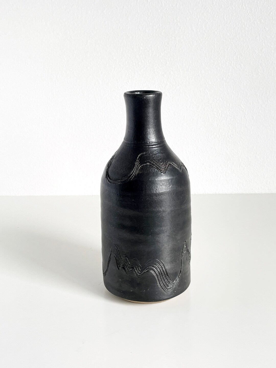 Vintage Black Glazed Ceramic Vase W Carved Squiggle Lines, Textured ...