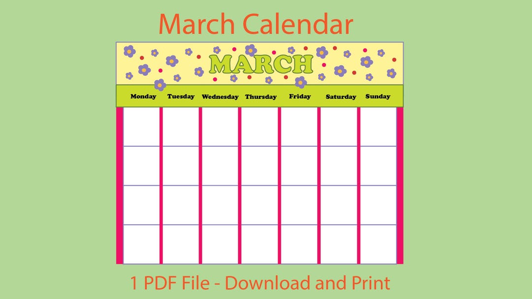 March Calendar Printable | 11X8.5 | PDF FILE - Etsy