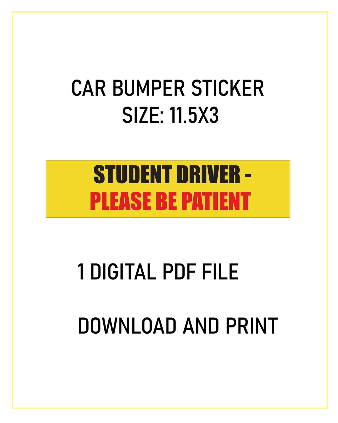 Student Driver Bumper Sticker Size 11.5X3 Download and Print - Etsy